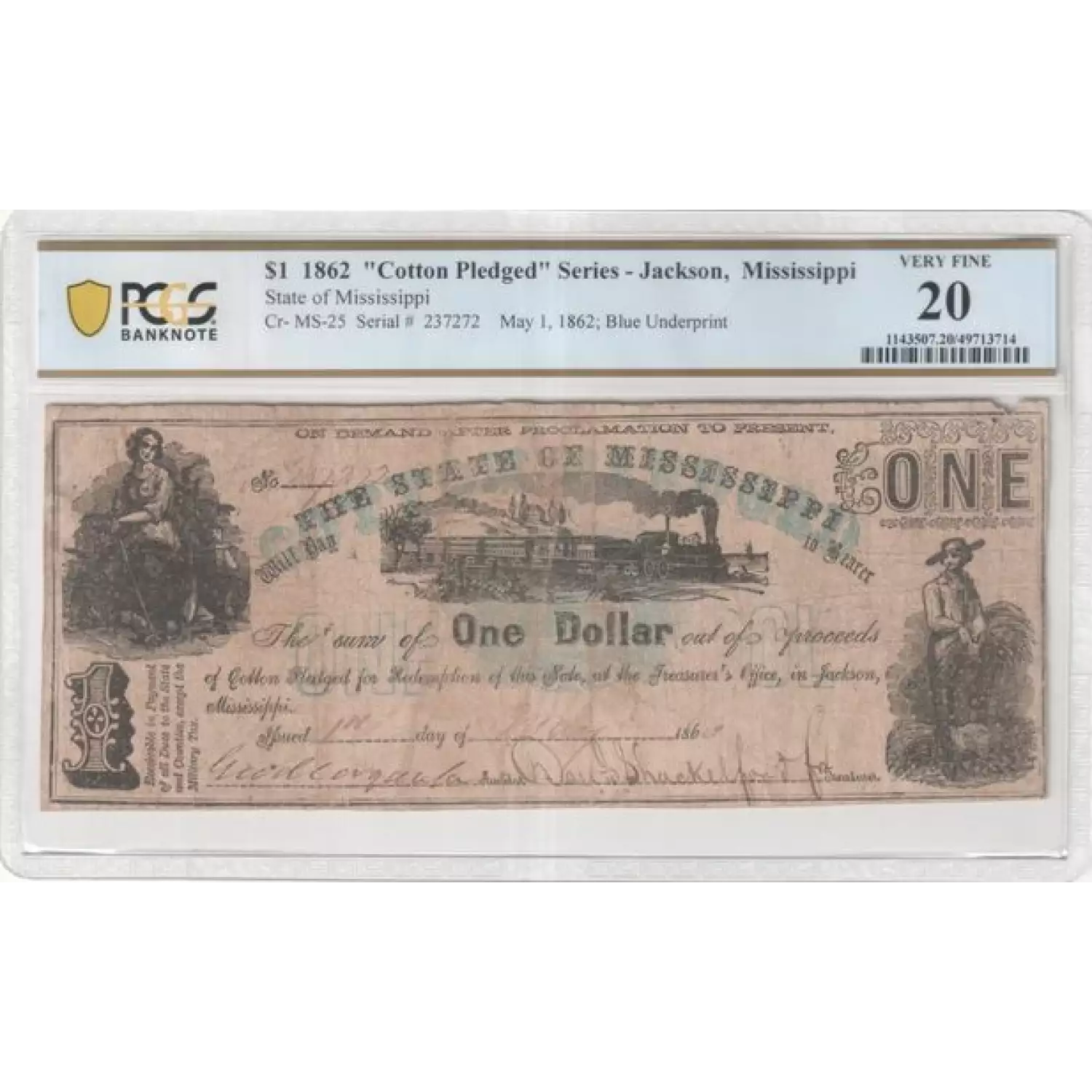 1862 $1 "Cotton Pledged" Series - Jackson, Mississippi (MS) PCGS VF 20 ...