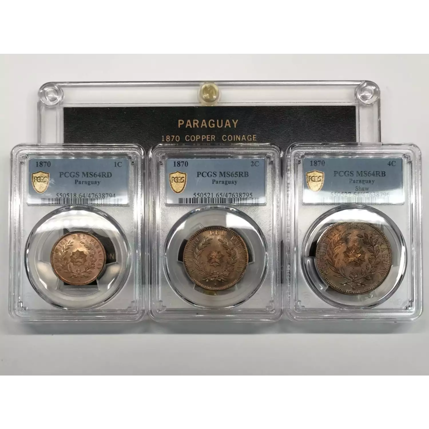 1870-SHAW PARAGUAY Copper CENTESIMO PCGS SP-64 RD 3-Coin Specimen Set ...