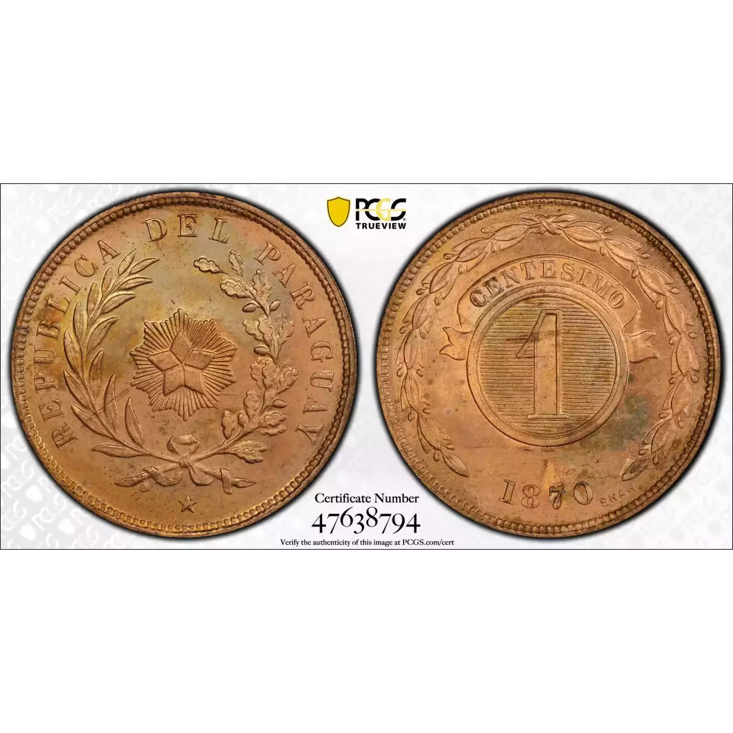 1870-SHAW PARAGUAY Copper CENTESIMO PCGS SP-64 RD 3-Coin Specimen Set ...