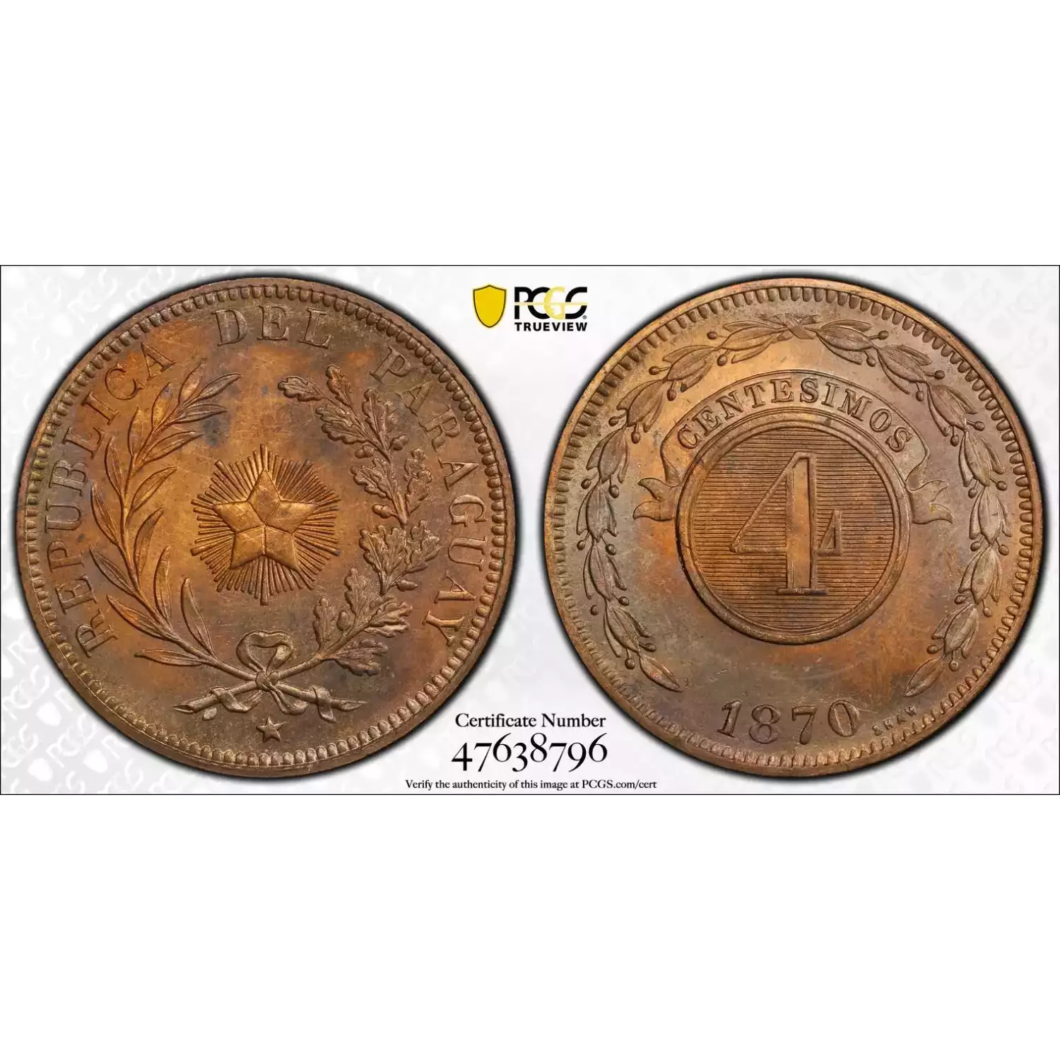 1870-SHAW PARAGUAY Copper CENTESIMO PCGS SP-64 RD 3-Coin Specimen Set ...