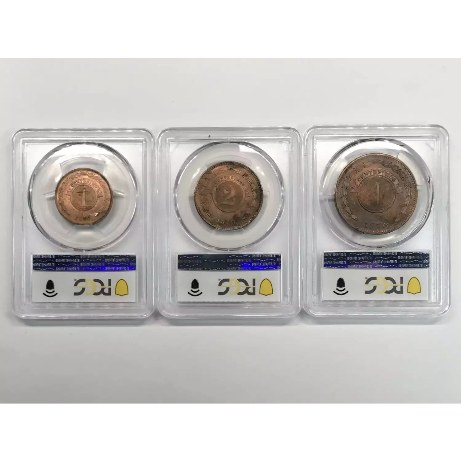 1870-SHAW PARAGUAY Copper CENTESIMO PCGS SP-64 RD 3-Coin Specimen Set ...