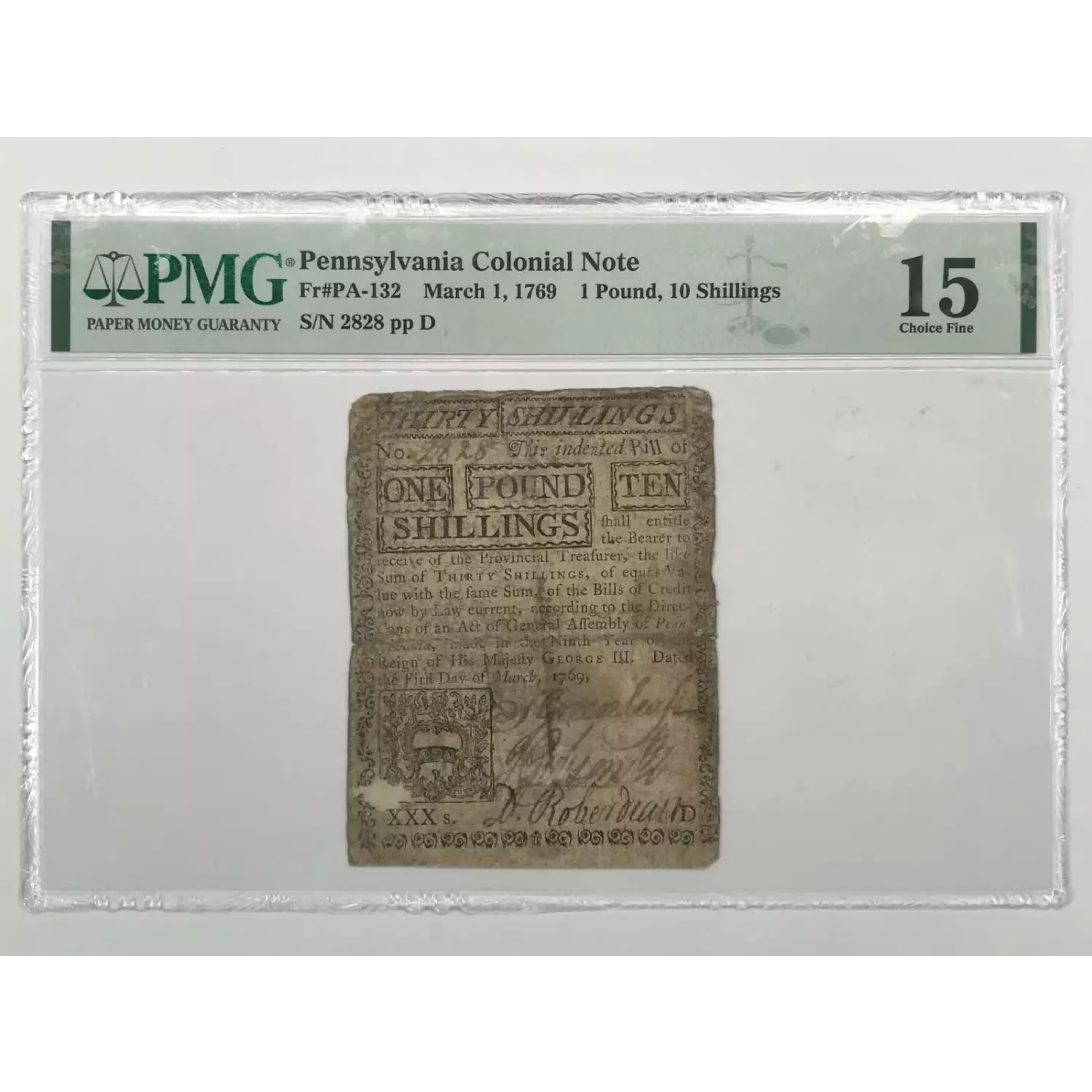 March 1, 1769 COLONIAL CURRENCY PA-132 PMG 15 - Old Pueblo Coin